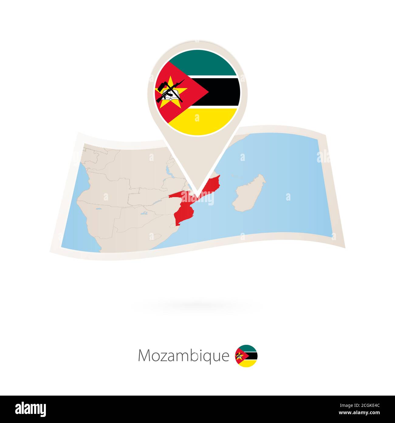Folded paper map of Mozambique with flag pin of Mozambique. Vector ...