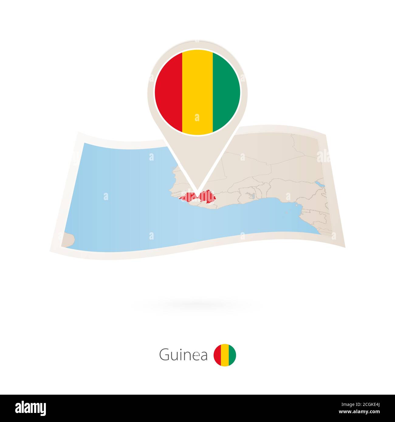 Folded paper map of Guinea with flag pin of Guinea. Vector Illustration ...