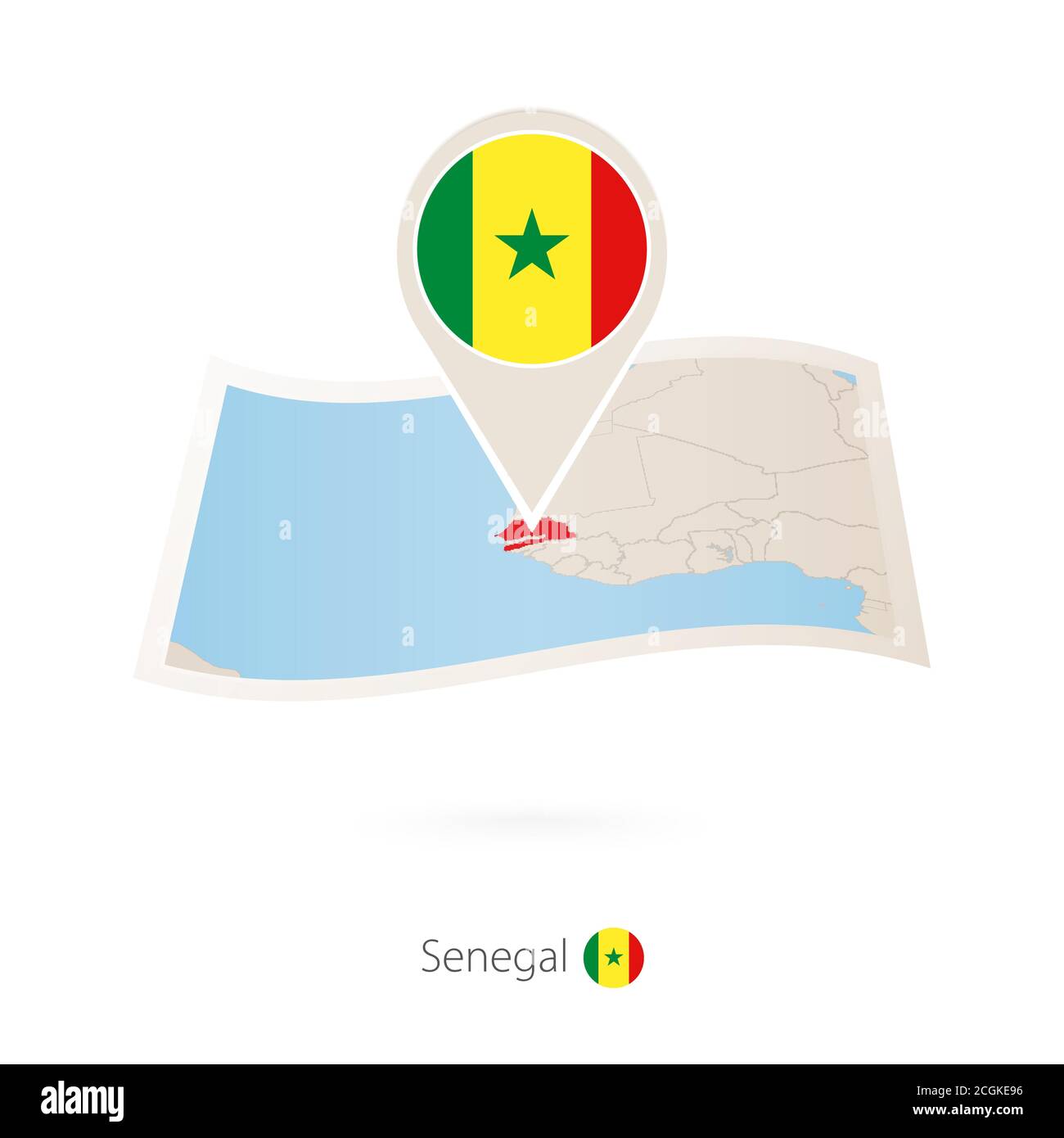 Folded paper map of Senegal with flag pin of Senegal. Vector Illustration Stock Vector Image ...