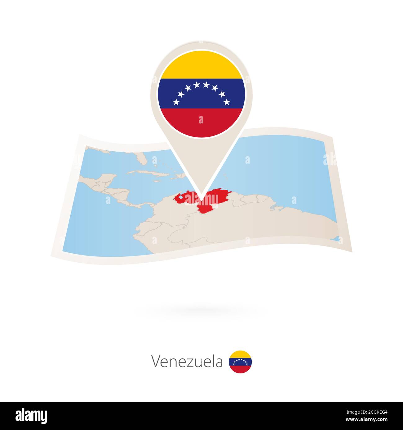 Folded paper map of Venezuela with flag pin of Venezuela. Vector ...