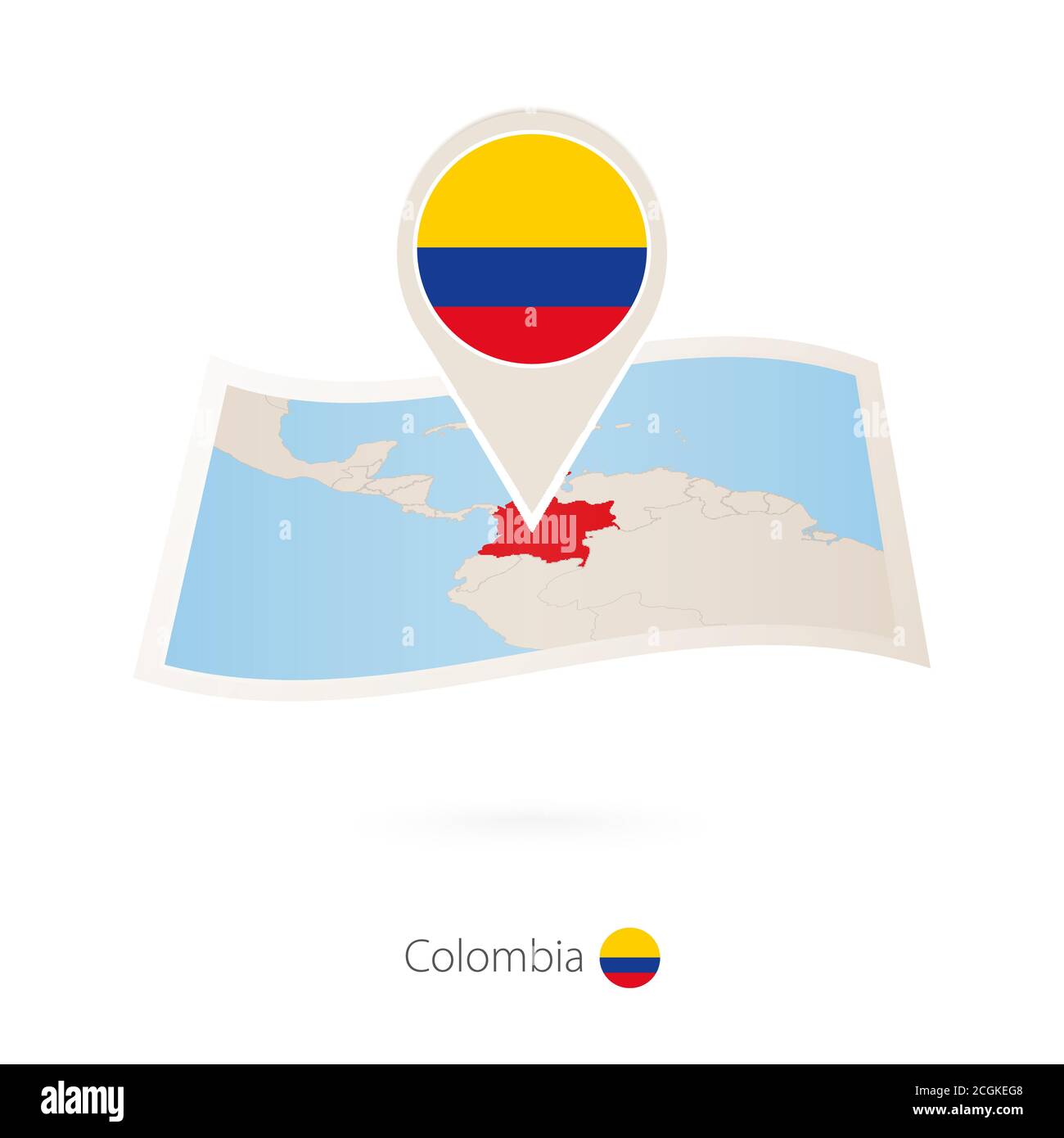 Folded paper map of Colombia with flag pin of Colombia. Vector ...