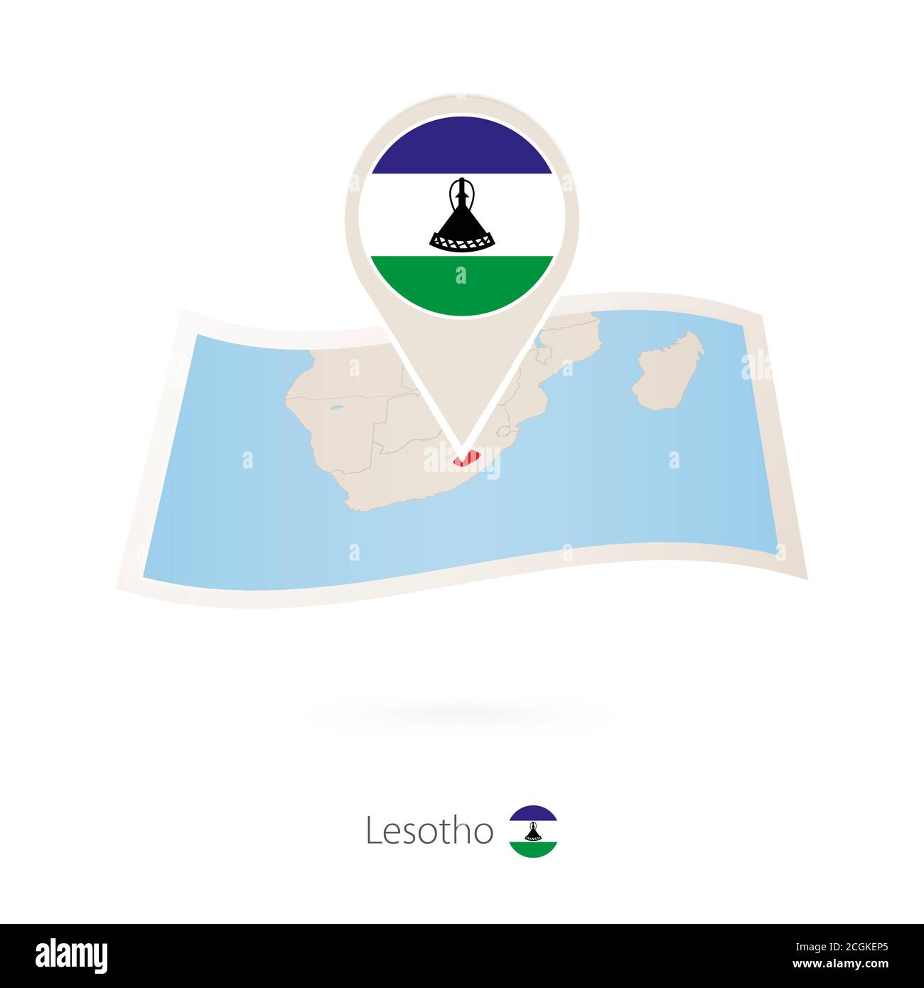 Folded paper map of Lesotho with flag pin of Lesotho. Vector ...
