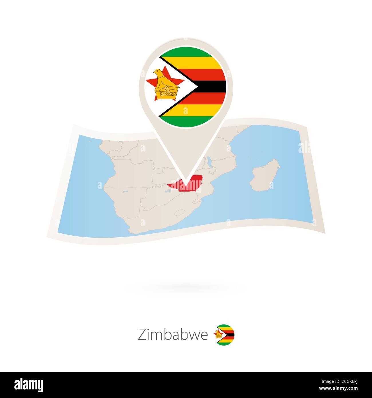 Folded Paper Map Of Zimbabwe With Flag Pin Of Zimbabwe Vector