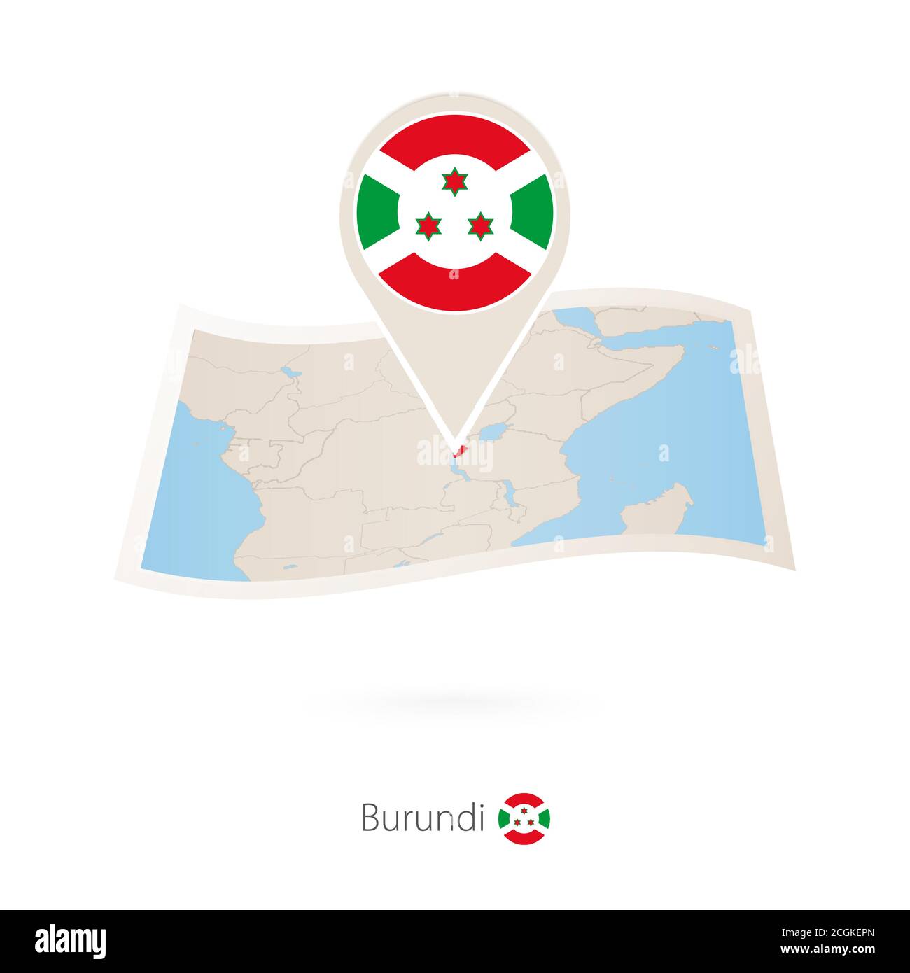 Folded paper map of Burundi with flag pin of Burundi. Vector ...