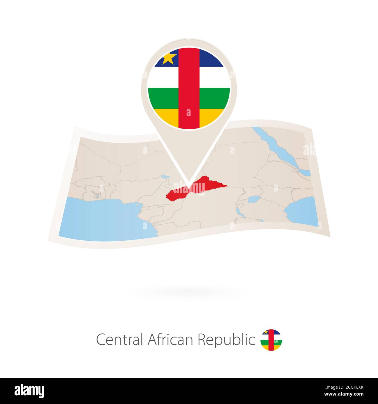 Folded paper map of Central African Republic with flag pin of Central ...