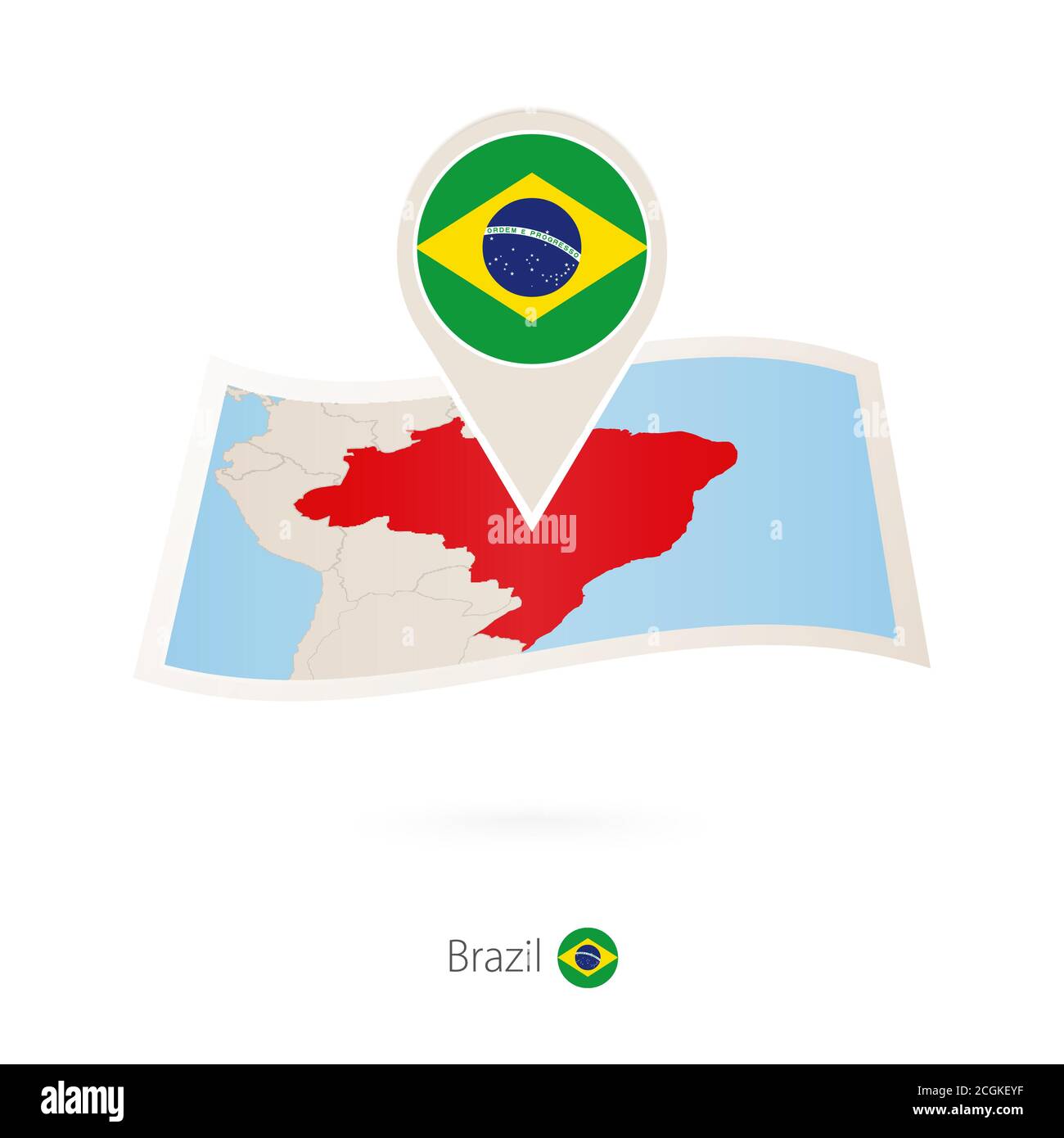 Folded paper map of Brazil with flag pin of Brazil. Vector Illustration ...