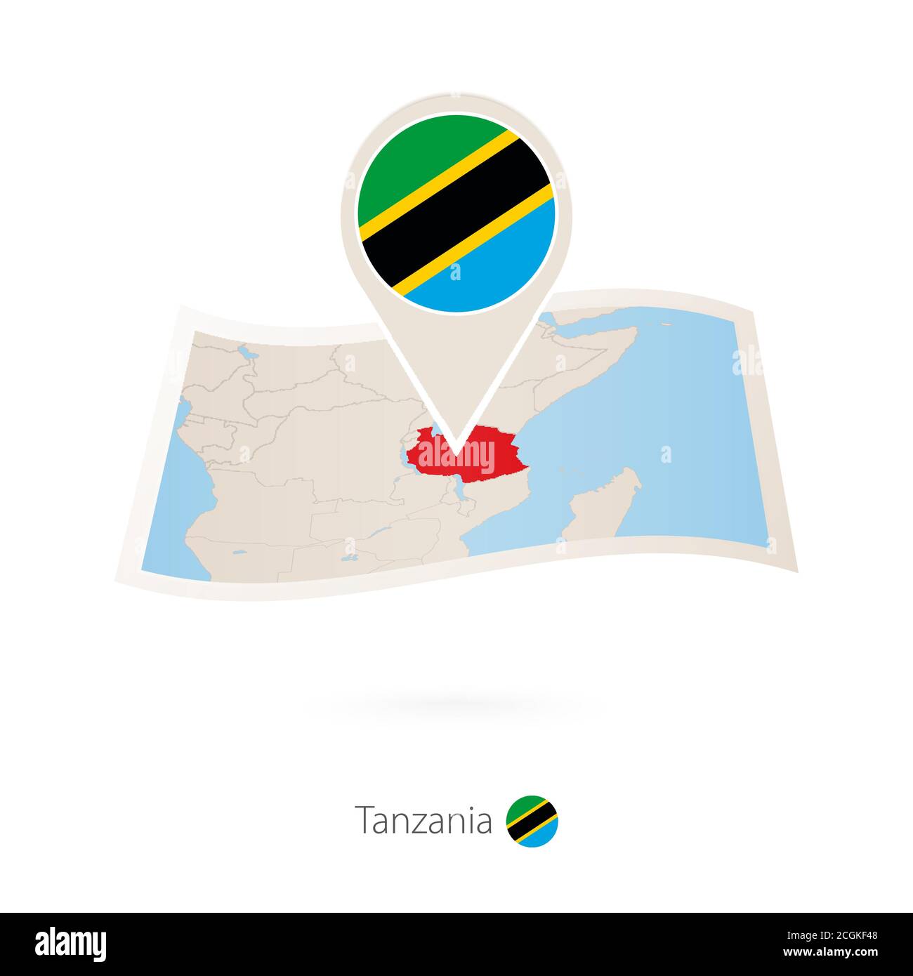 Folded paper map of Tanzania with flag pin of Tanzania. Vector ...