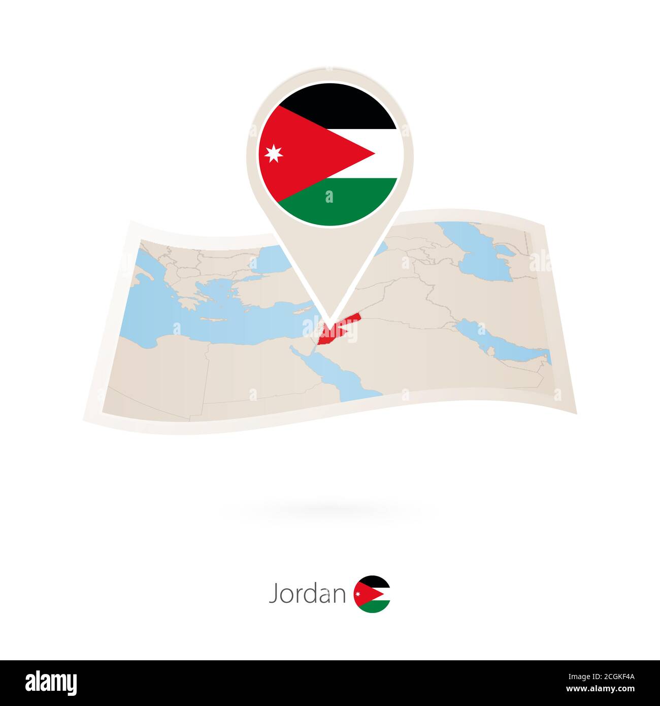 Folded paper map of Jordan with flag pin of Jordan. Vector Illustration ...