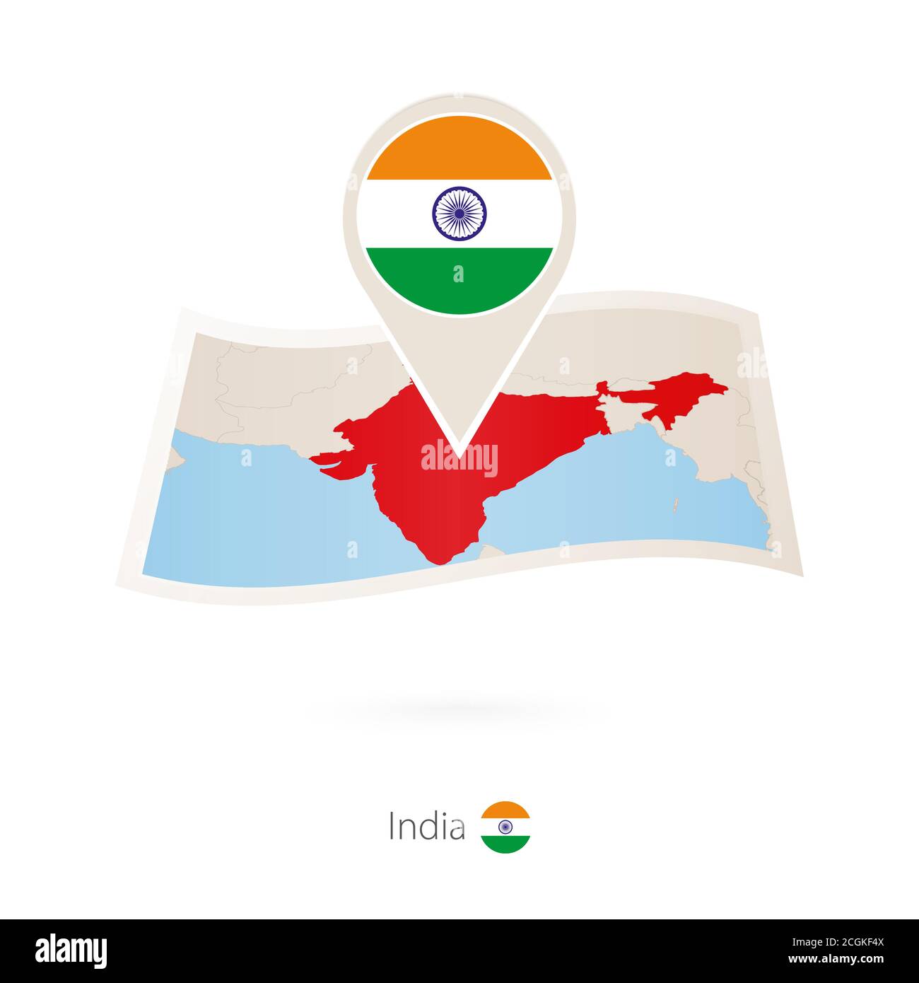 Folded paper map of India with flag pin of India. Vector Illustration ...