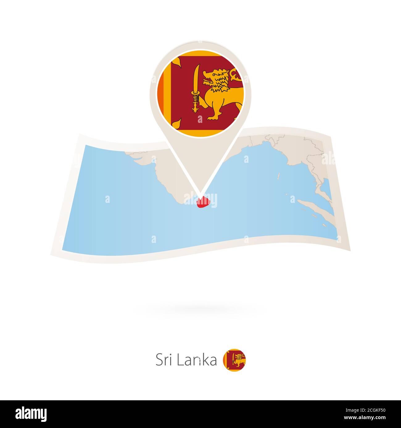 Folded paper map of Sri Lanka with flag pin of Sri Lanka. Vector ...