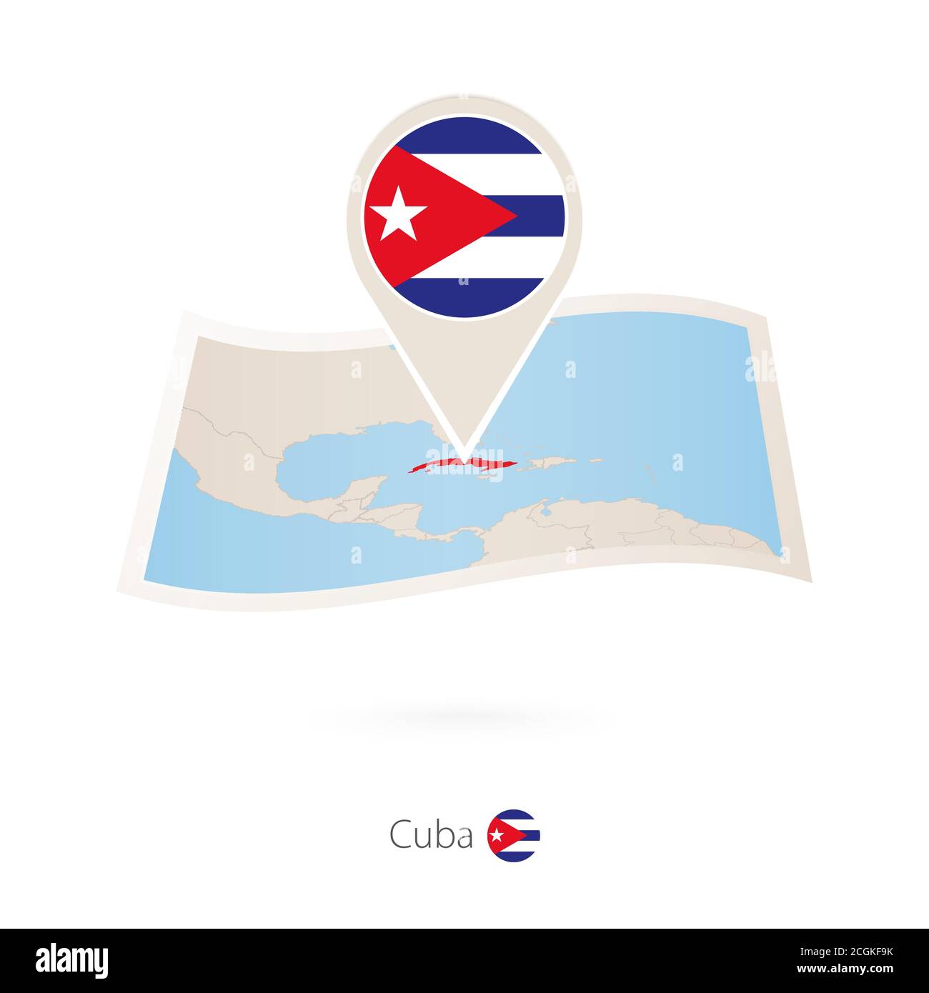 Folded paper map of Cuba with flag pin of Cuba. Vector Illustration ...