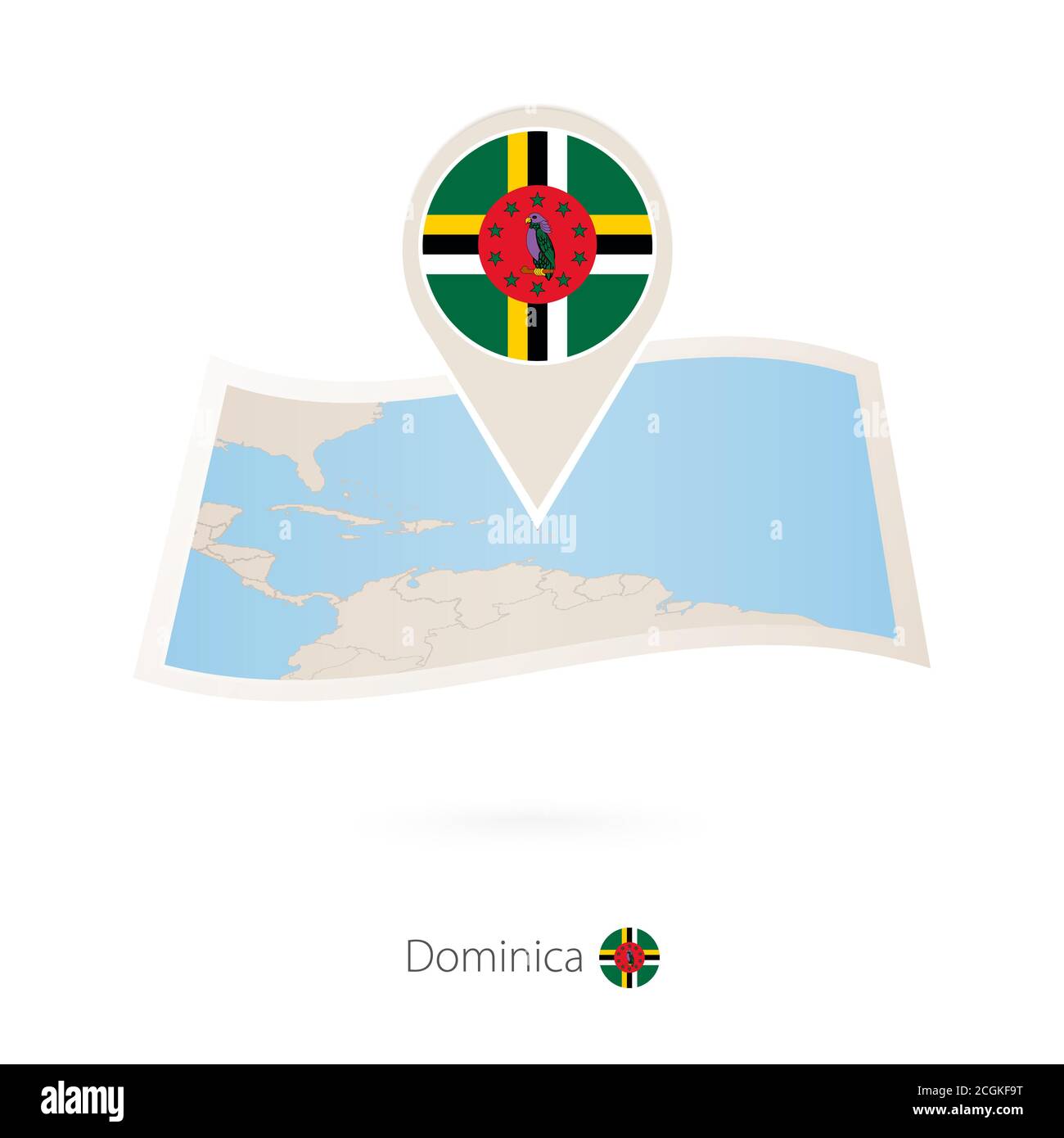Folded paper map of Dominica with flag pin of Dominica. Vector ...