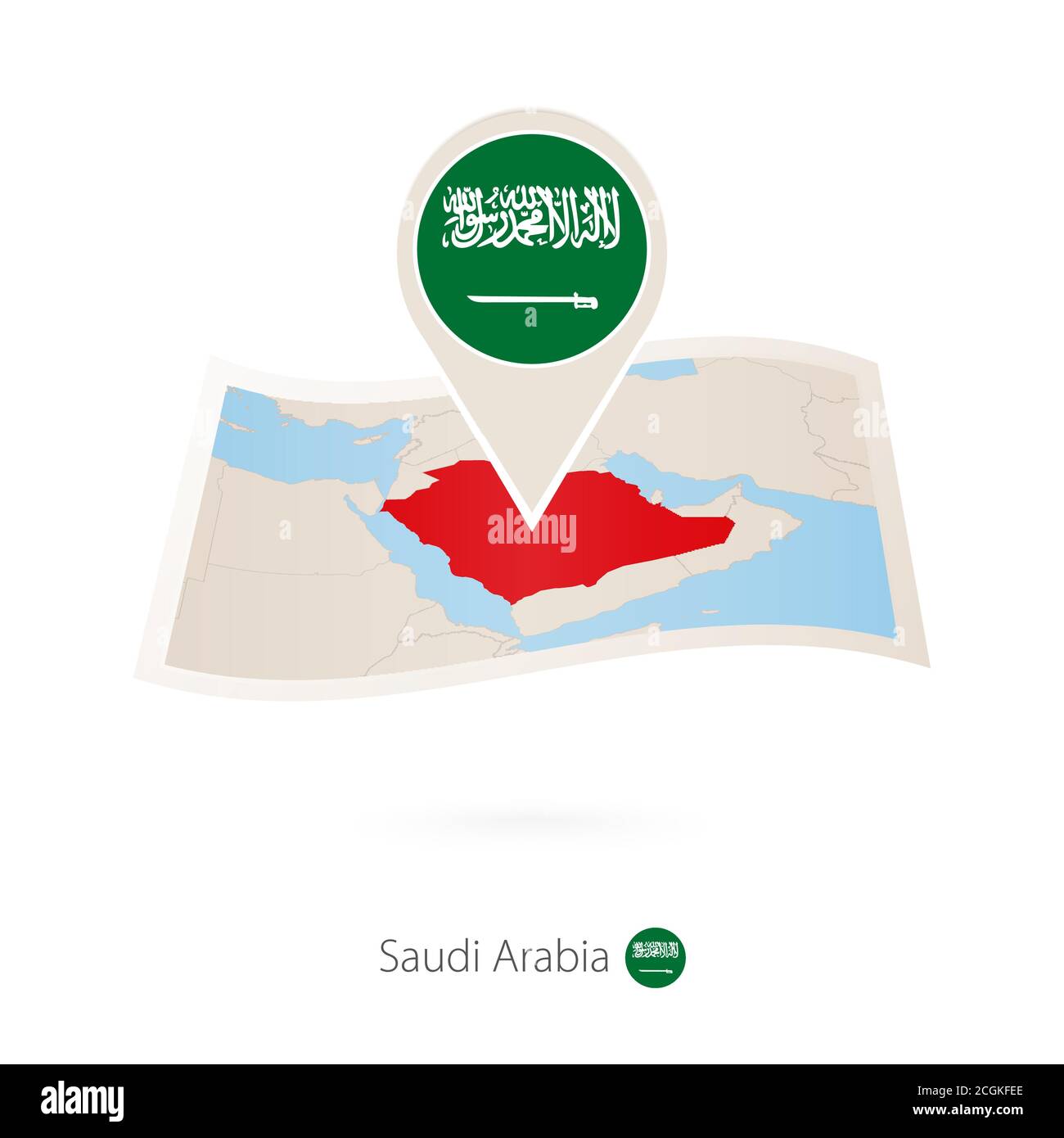Folded paper map of Saudi Arabia with flag pin of Saudi Arabia. Vector ...