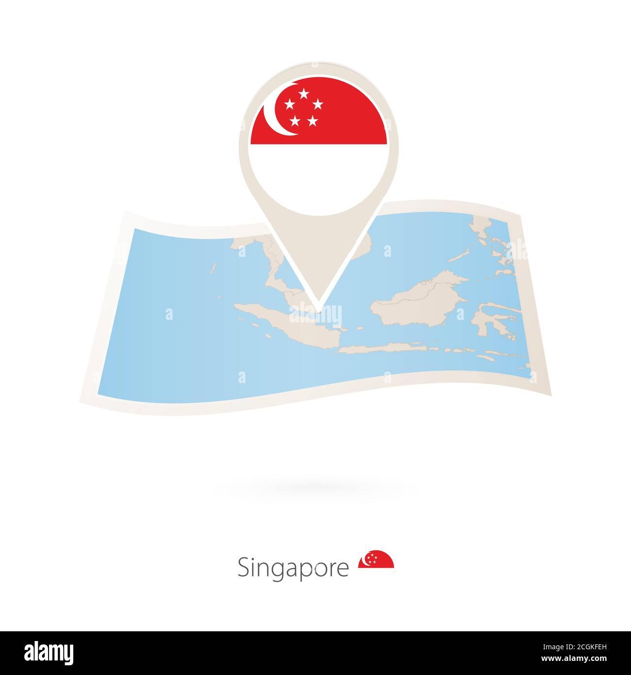 Folded paper map of Singapore with flag pin of Singapore. Vector ...