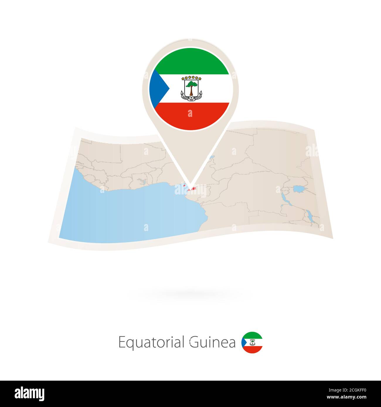 Folded paper map of Equatorial Guinea with flag pin of Equatorial ...