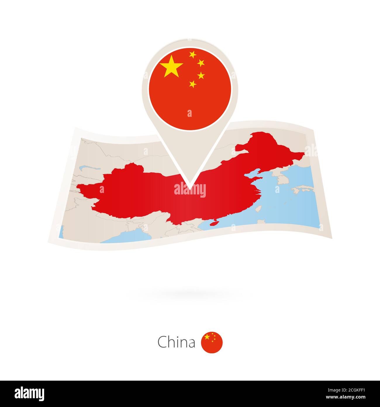 Folded paper map of China with flag pin of China. Vector Illustration ...