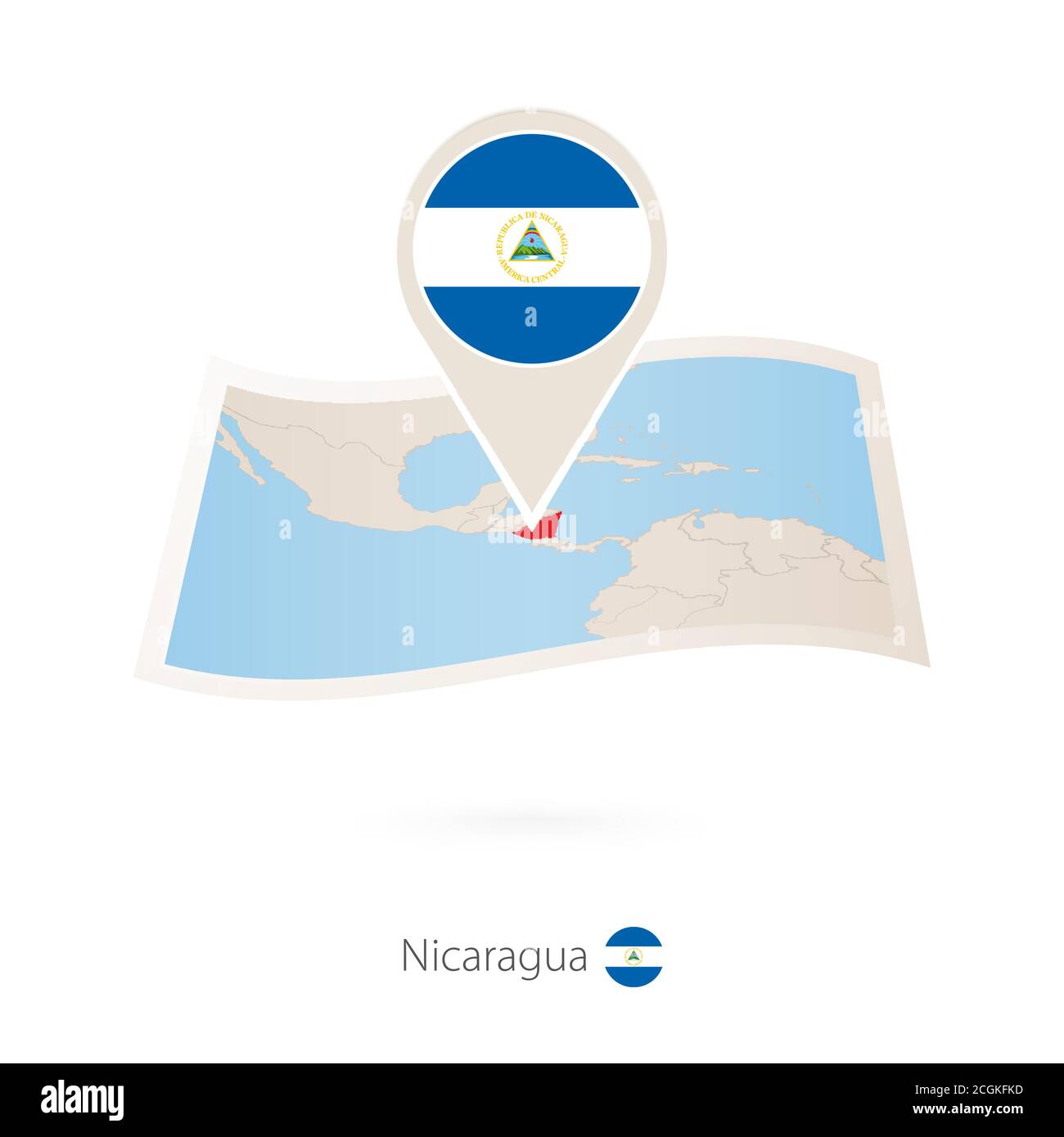 Folded paper map of Nicaragua with flag pin of Nicaragua. Vector ...