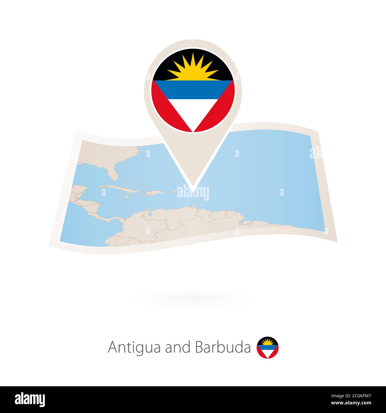 Folded paper map of Antigua and Barbuda with flag pin of Antigua and ...