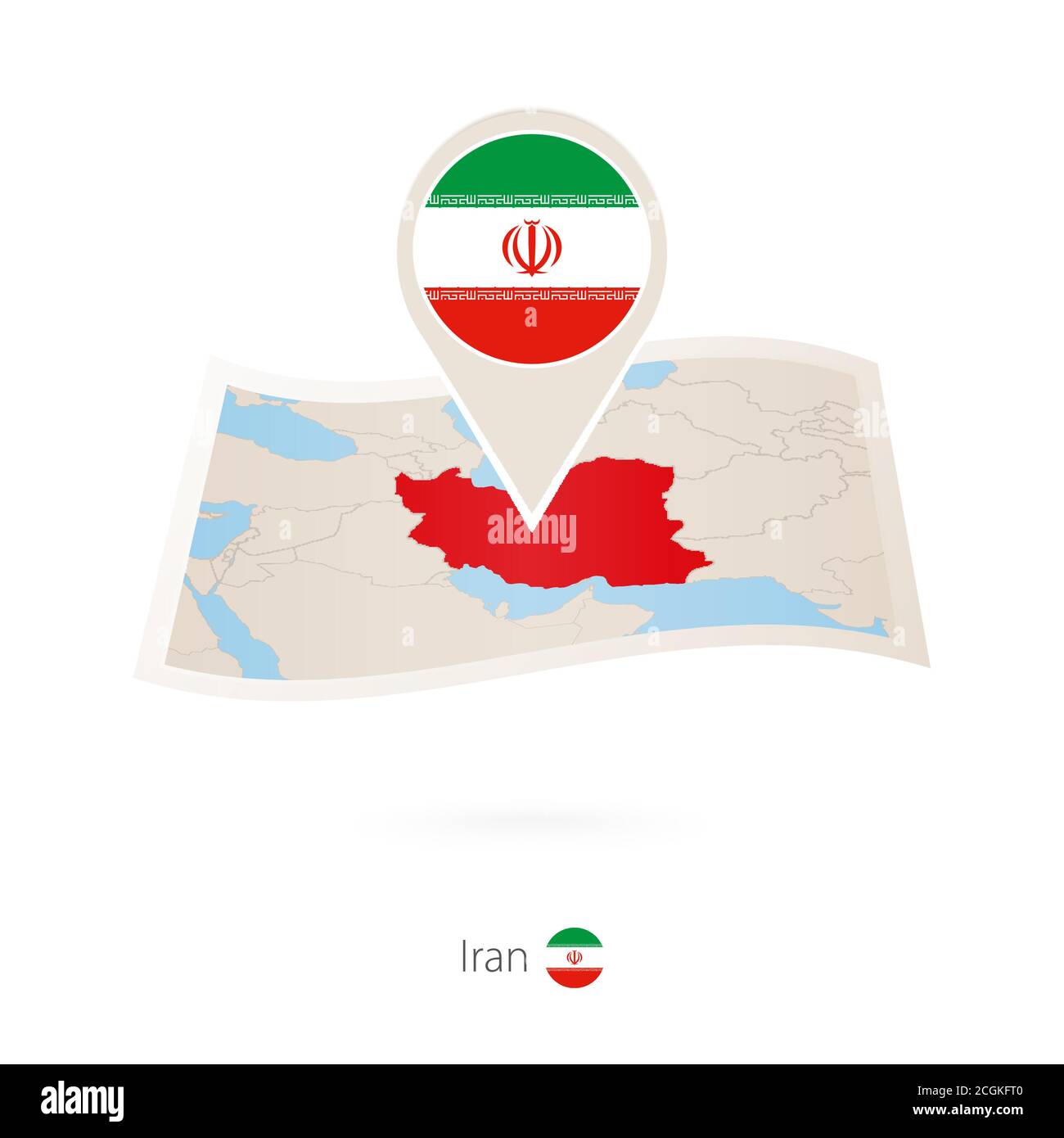 Folded paper map of Iran with flag pin of Iran. Vector Illustration ...