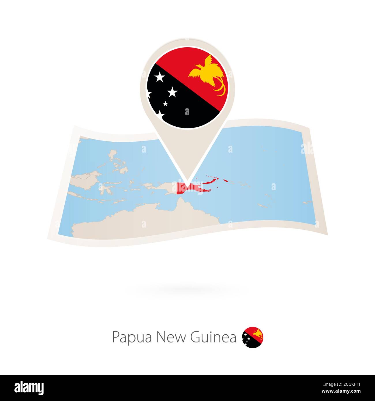 Folded paper map of Papua New Guinea with flag pin of Papua New Guinea ...
