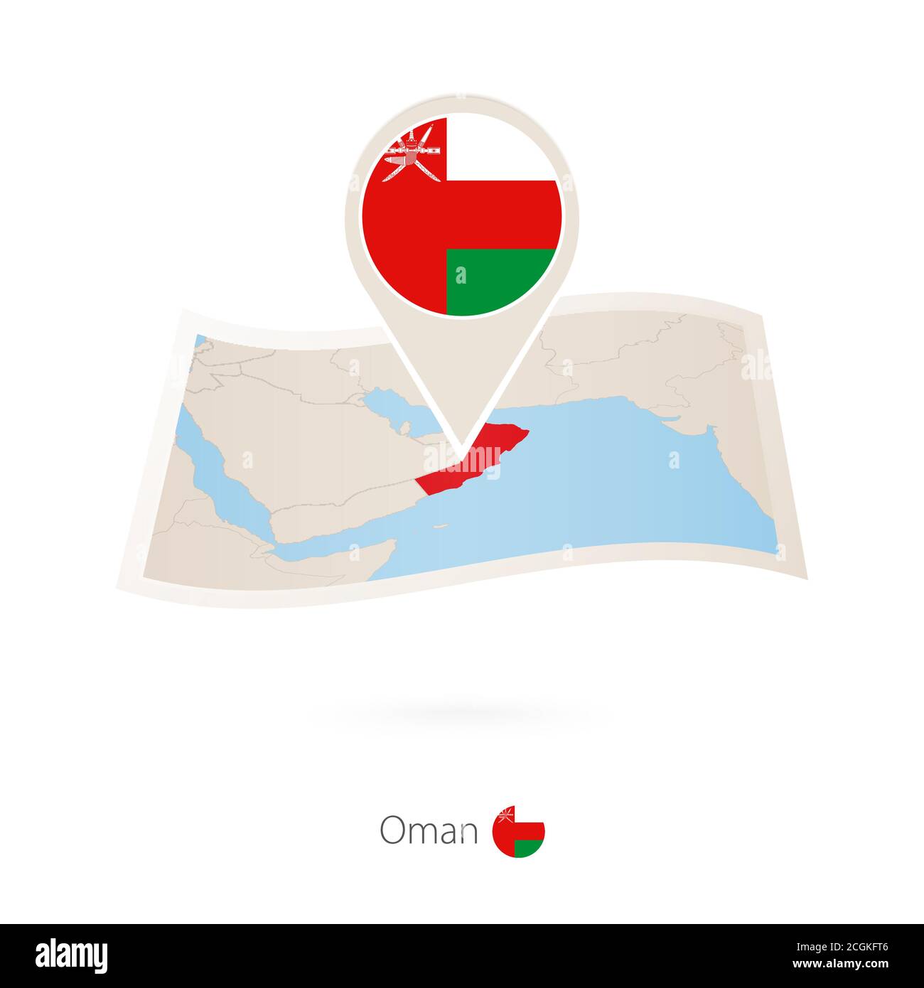 Folded paper map of Oman with flag pin of Oman. Vector Illustration ...