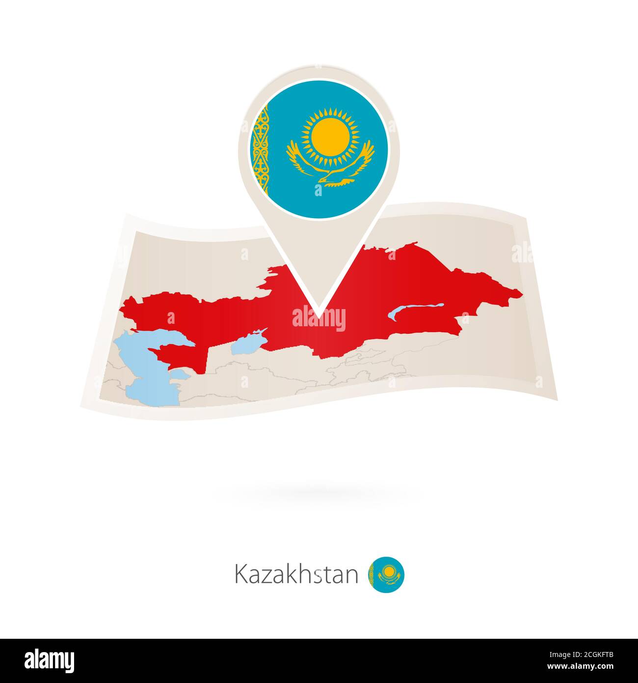 Folded paper map of Kazakhstan with flag pin of Kazakhstan. Vector ...