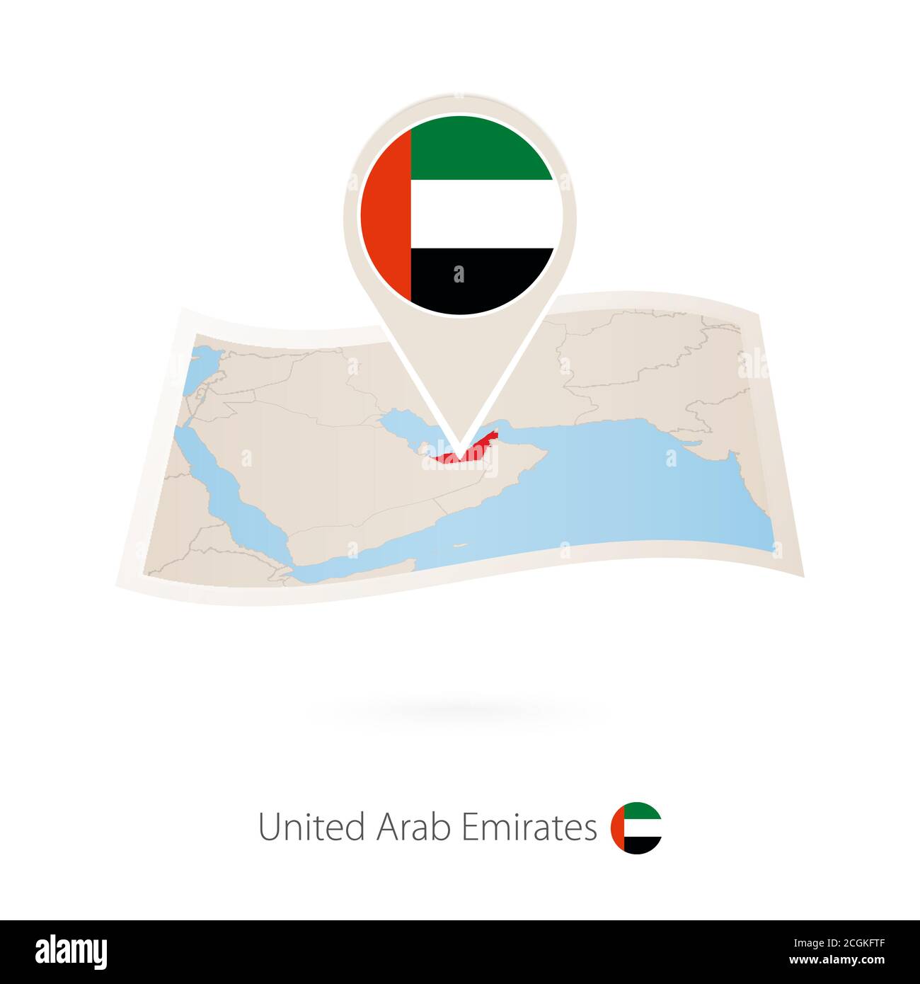 Folded paper map of United Arab Emirates with flag pin of UAE. Vector ...