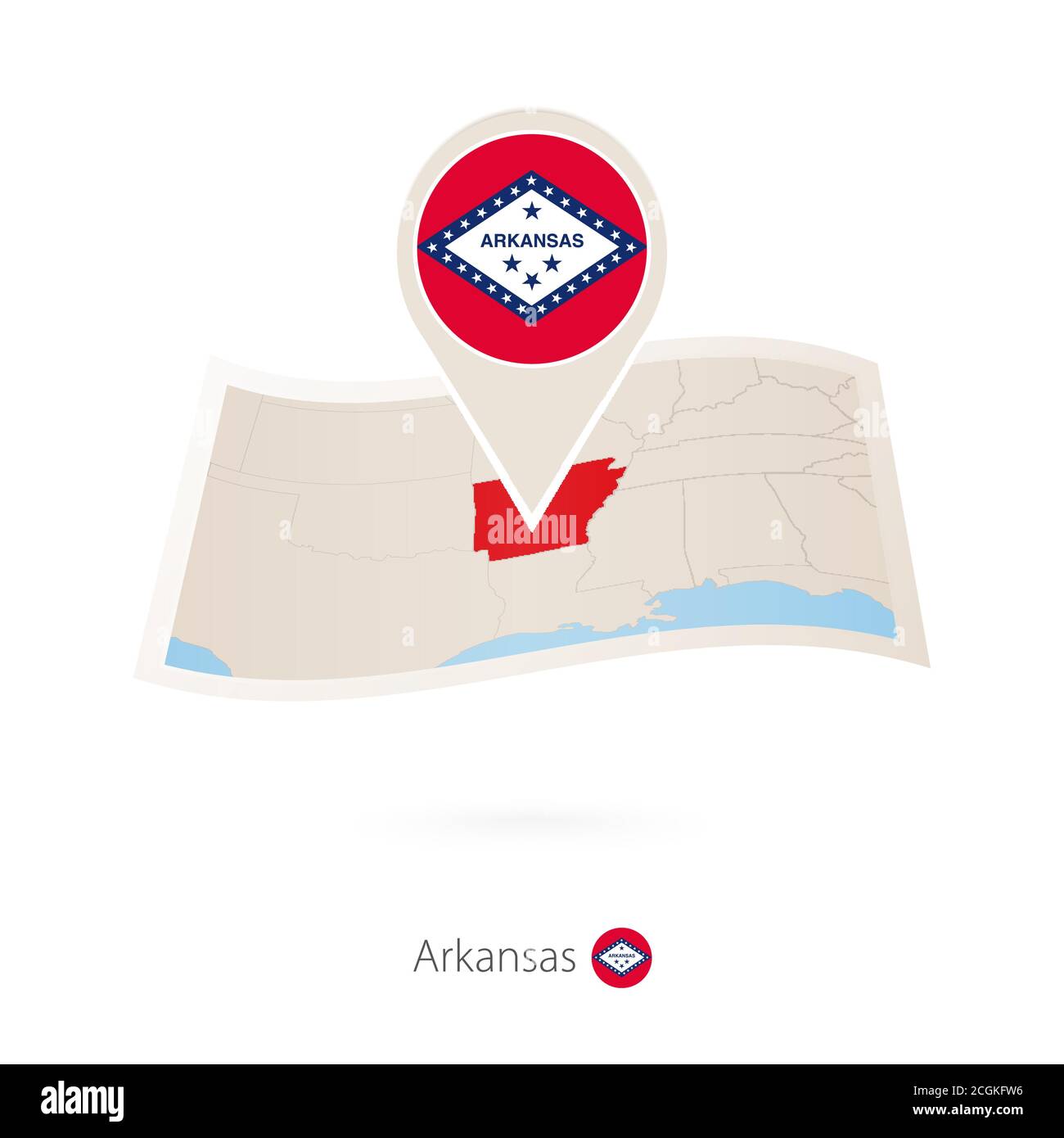 Folded paper map of Arkansas U.S. State with flag pin of Arkansas ...