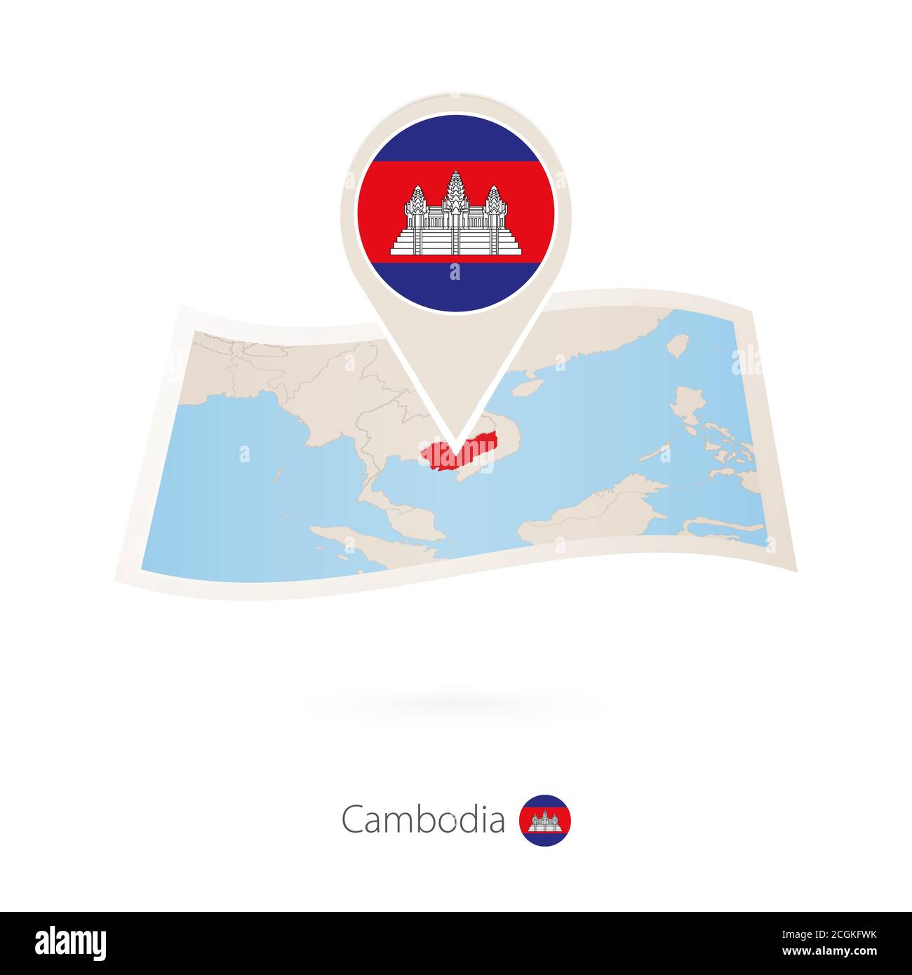 Folded paper map of Cambodia with flag pin of Cambodia. Vector ...