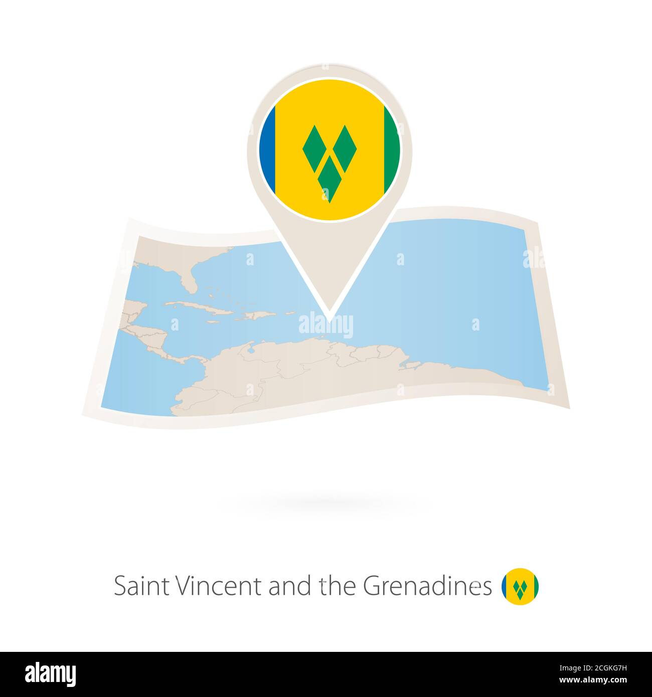 Folded paper map of Saint Vincent and the Grenadines with flag pin of ...