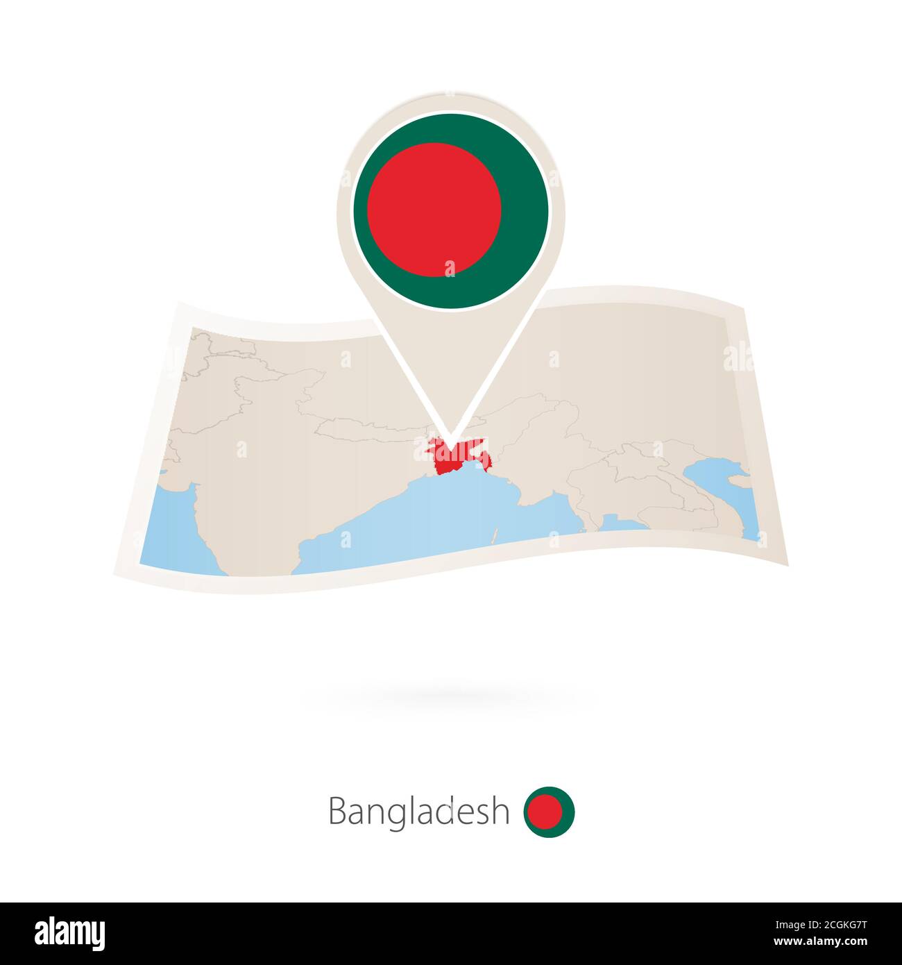 Folded paper map of Bangladesh with flag pin of Bangladesh. Vector ...