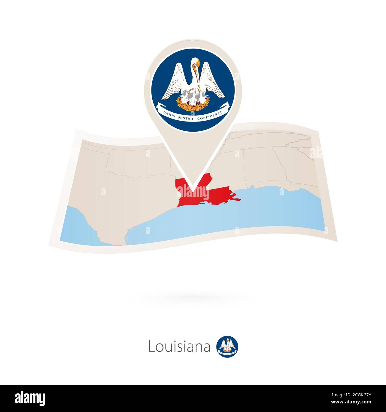 Folded paper map of Louisiana U.S. State with flag pin of Louisiana ...