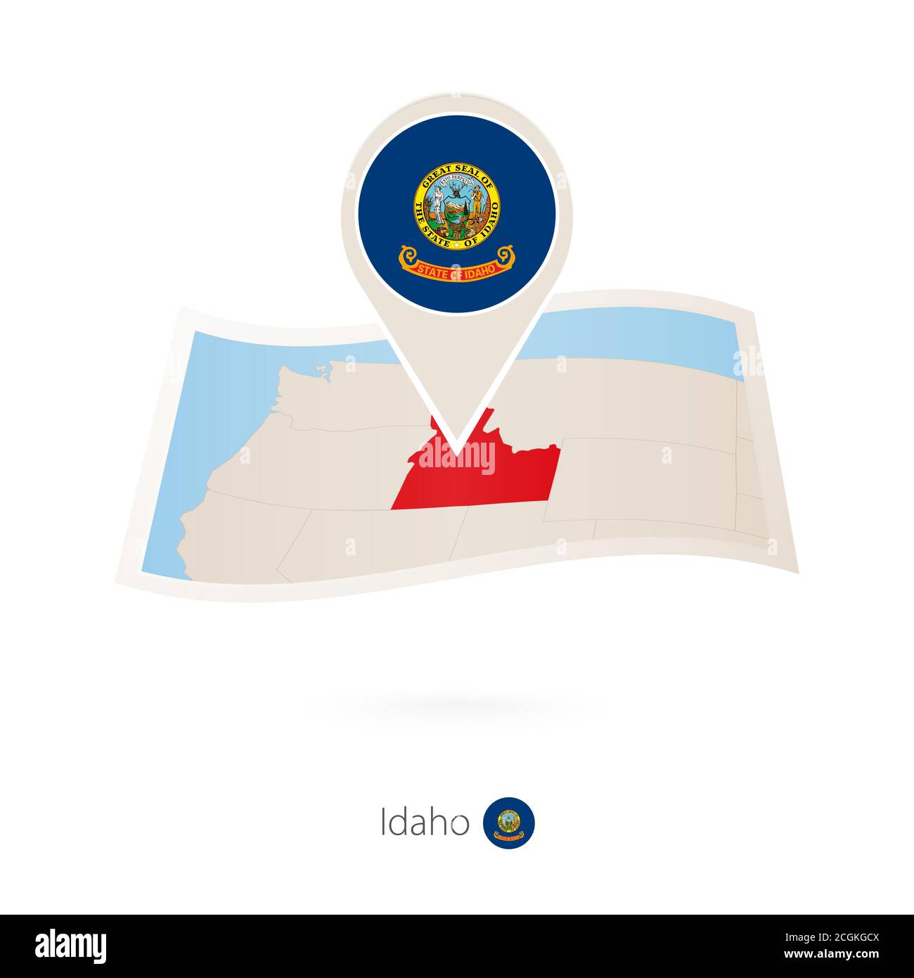 Folded paper map of Idaho U.S. State with flag pin of Idaho. Vector ...