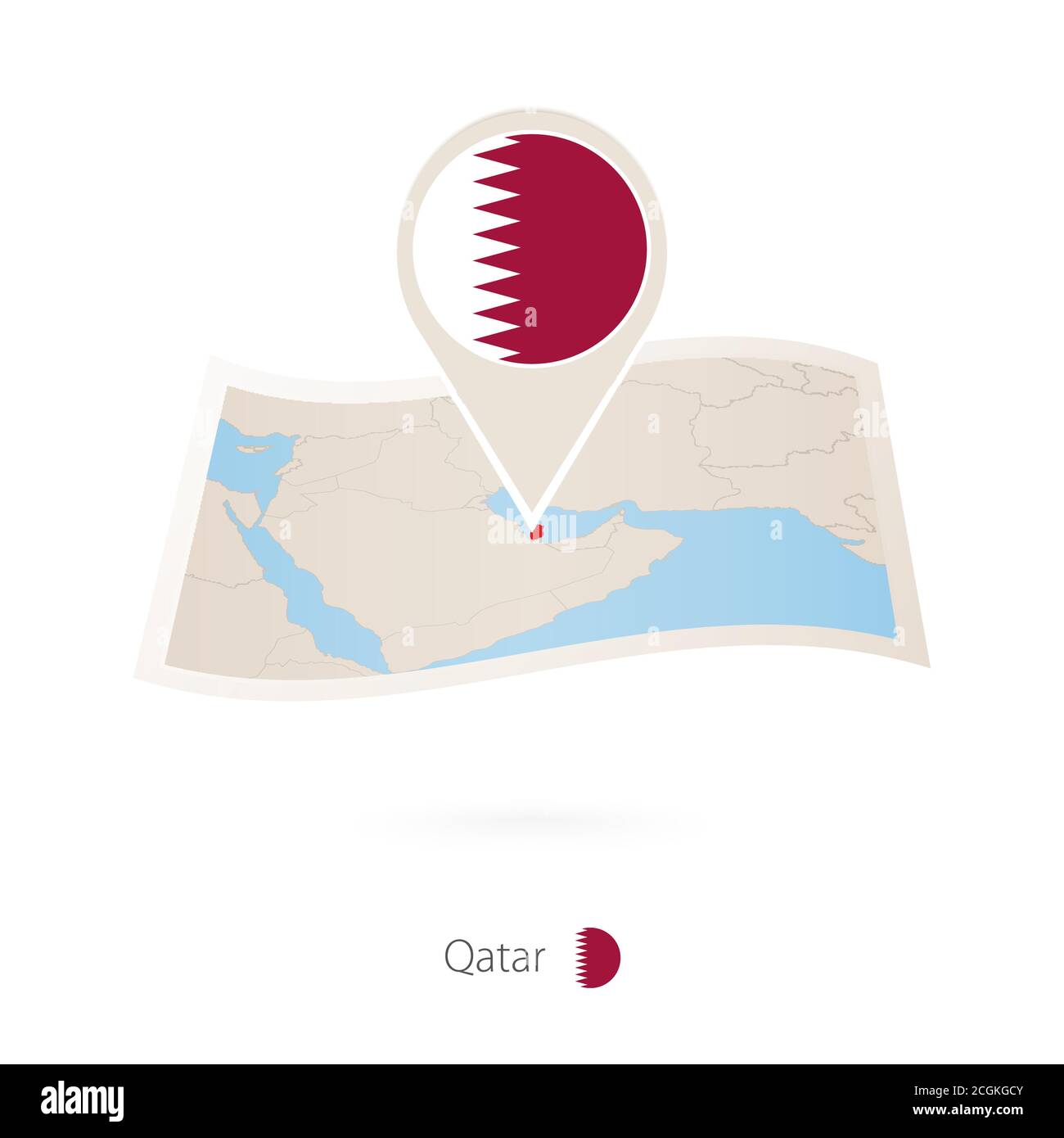 Folded paper map of Qatar with flag pin of Qatar. Vector Illustration ...