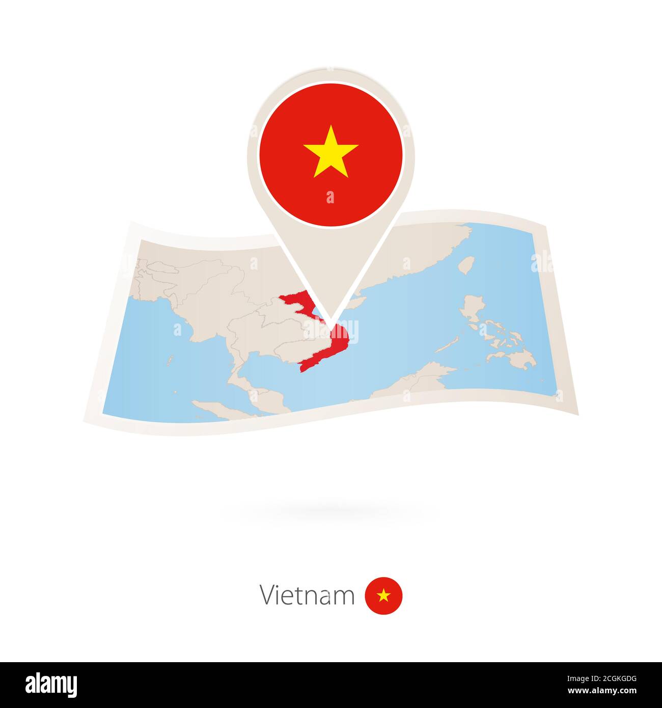 Folded paper map of Vietnam with flag pin of Vietnam. Vector ...