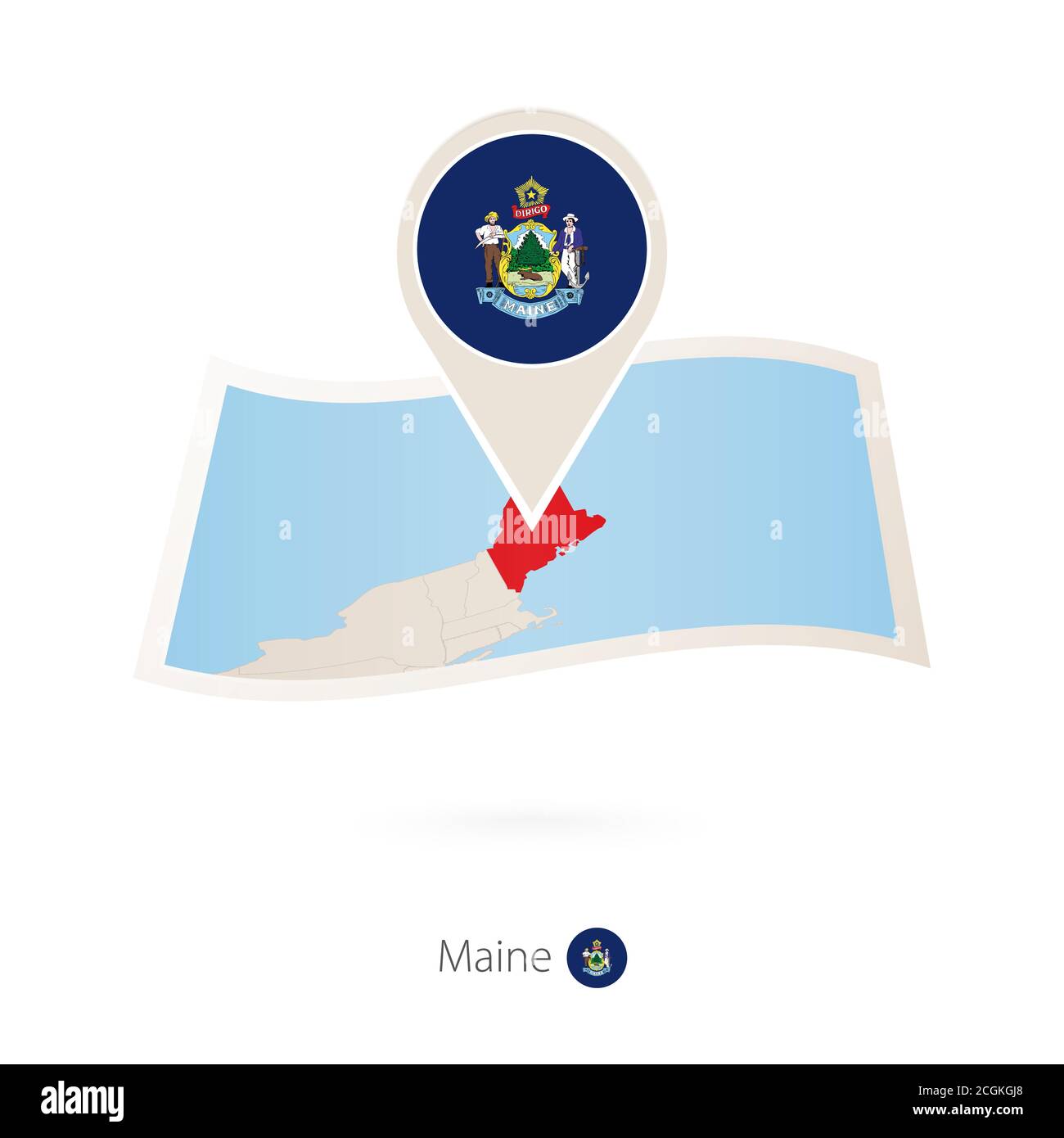 Folded paper map of Maine U.S. State with flag pin of Maine. Vector ...