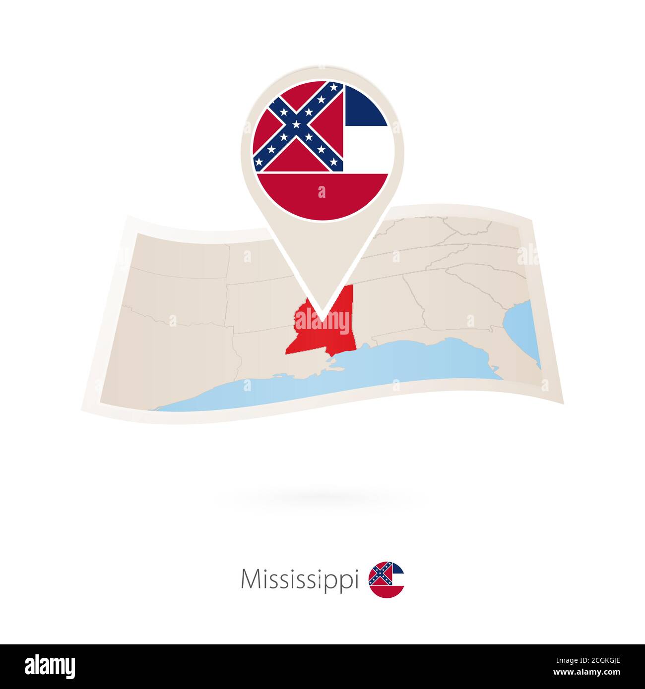 Folded paper map of Mississippi U.S. State with flag pin of Mississippi ...