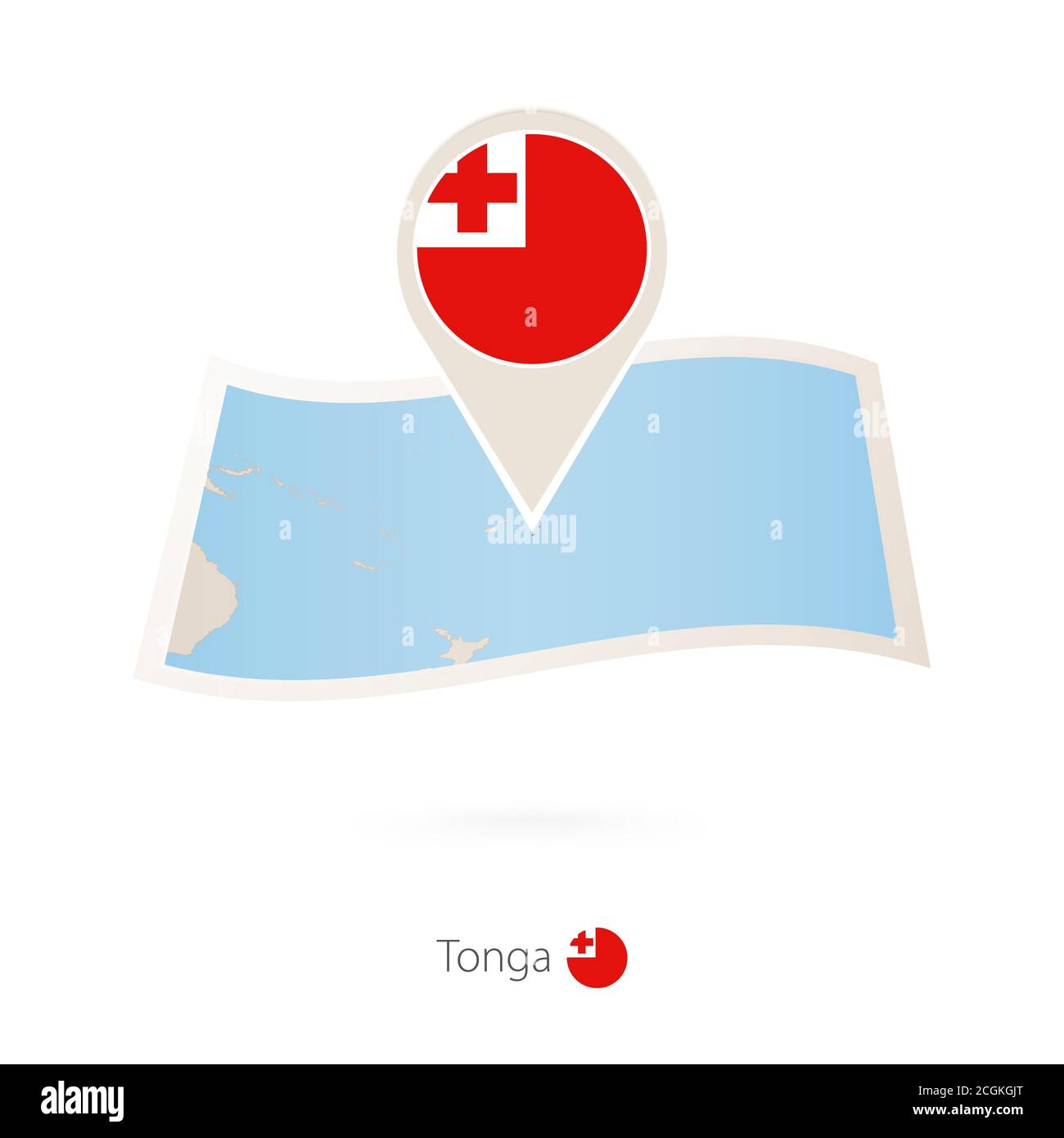 Folded Paper Map Of Tonga With Flag Pin Of Tonga Vector Illustration