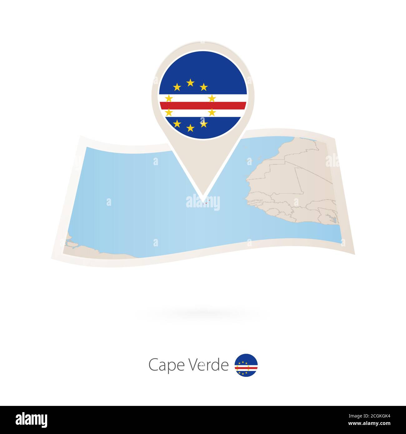 Folded paper map of Cape Verde with flag pin of Cape Verde. Vector ...