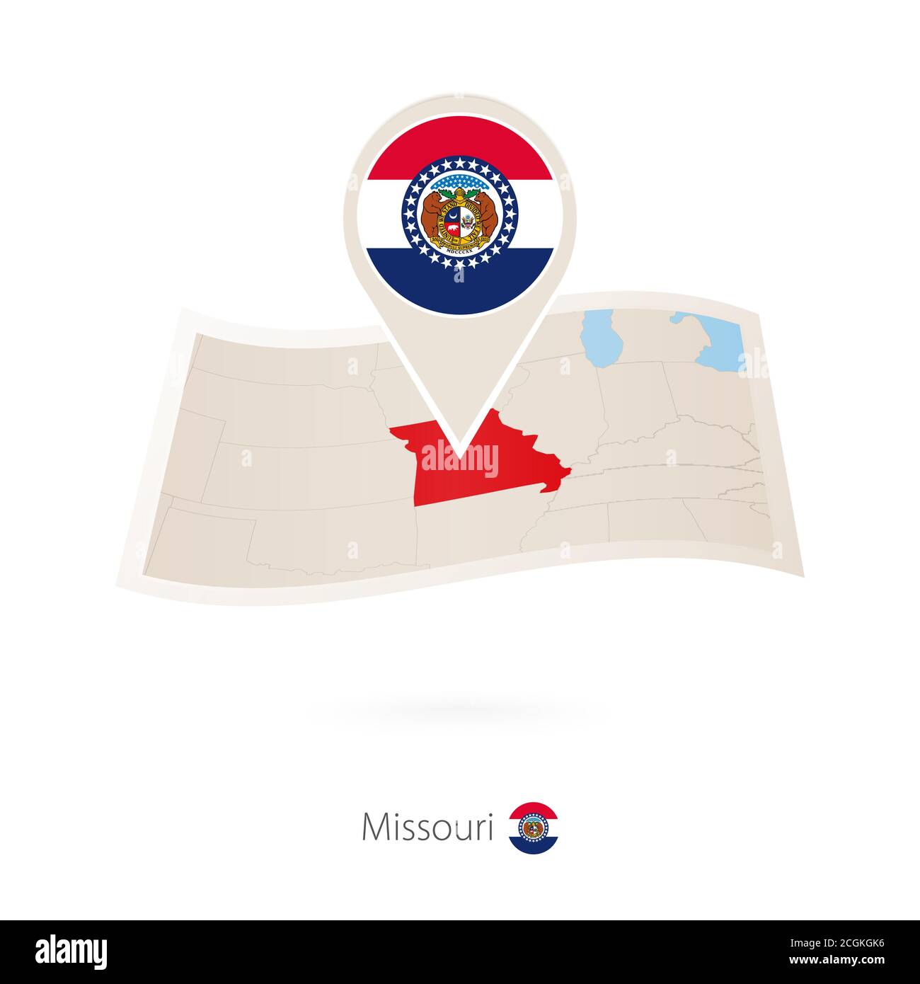 Folded paper map of Missouri U.S. State with flag pin of Missouri ...