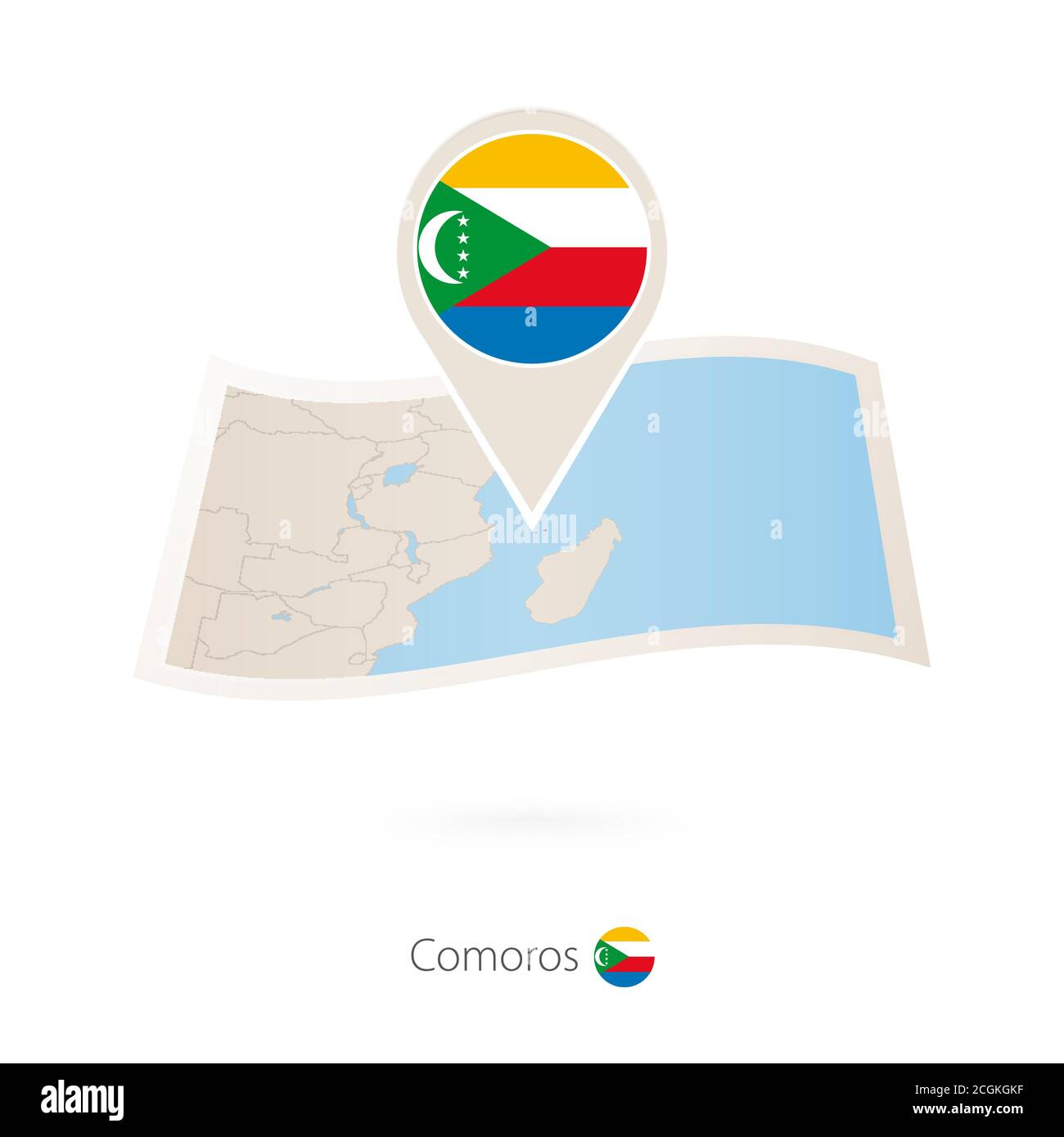 Folded paper map of Comoros with flag pin of Comoros. Vector ...