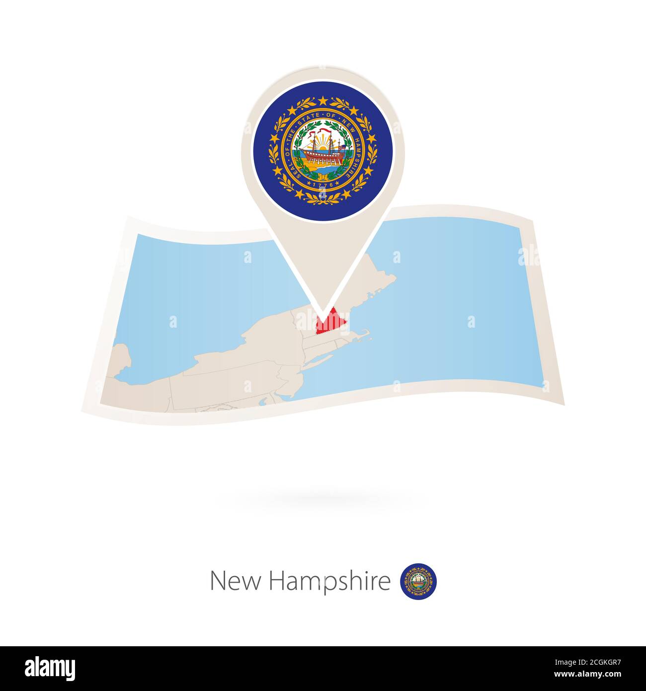 Folded paper map of New Hampshire U.S. State with flag pin of New ...
