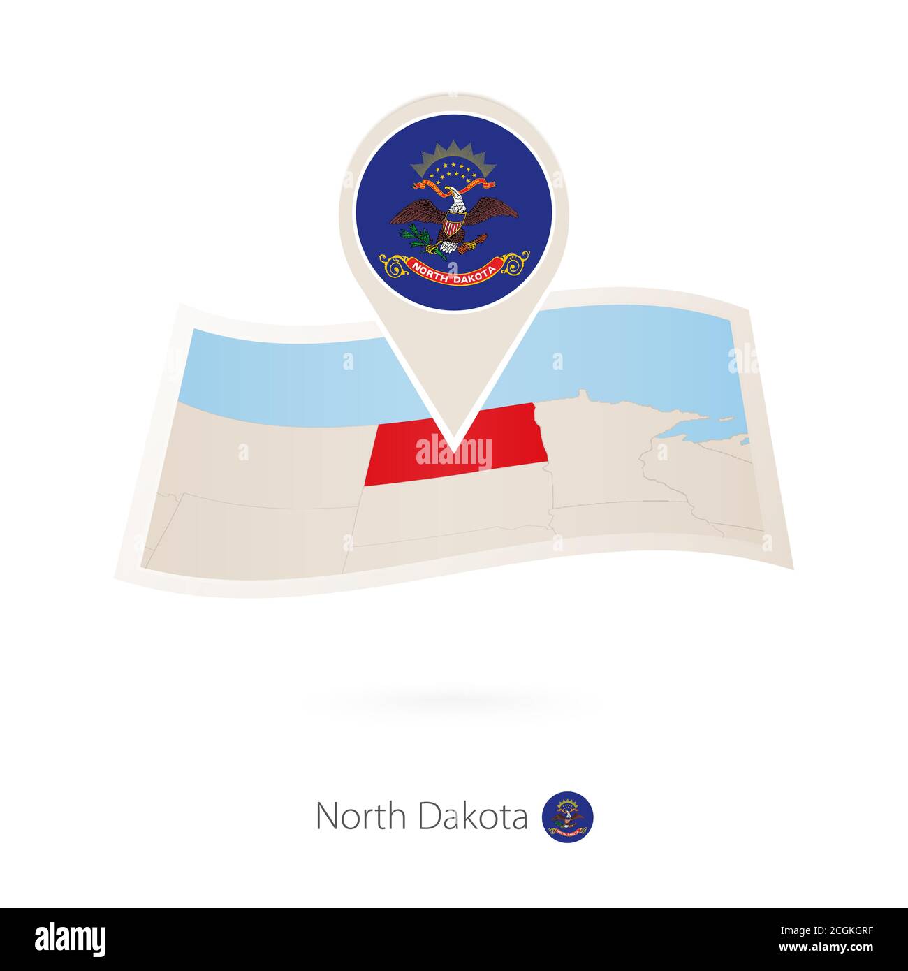 Folded paper map of North Dakota U.S. State with flag pin of North ...