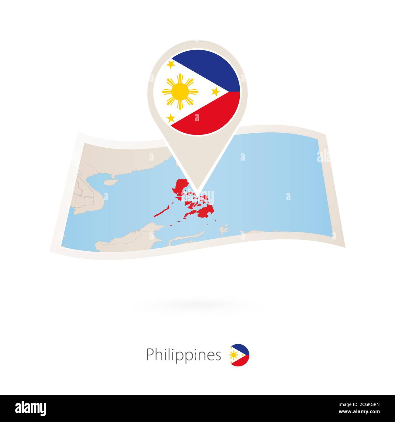 Folded paper map of Philippines with flag pin of Philippines. Vector ...