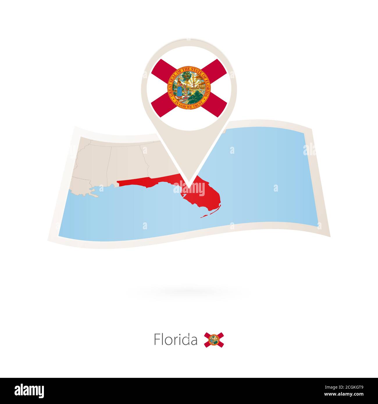 Folded paper map of Florida U.S. State with flag pin of Florida. Vector Illustration Stock ...