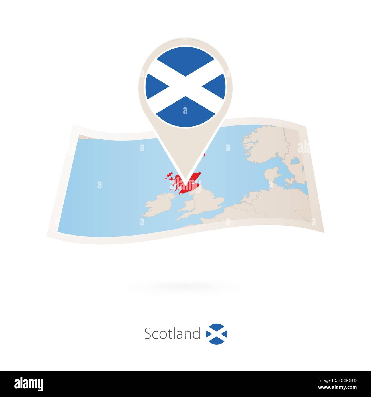 Folded paper map of Scotland with flag pin of Scotland. Vector ...