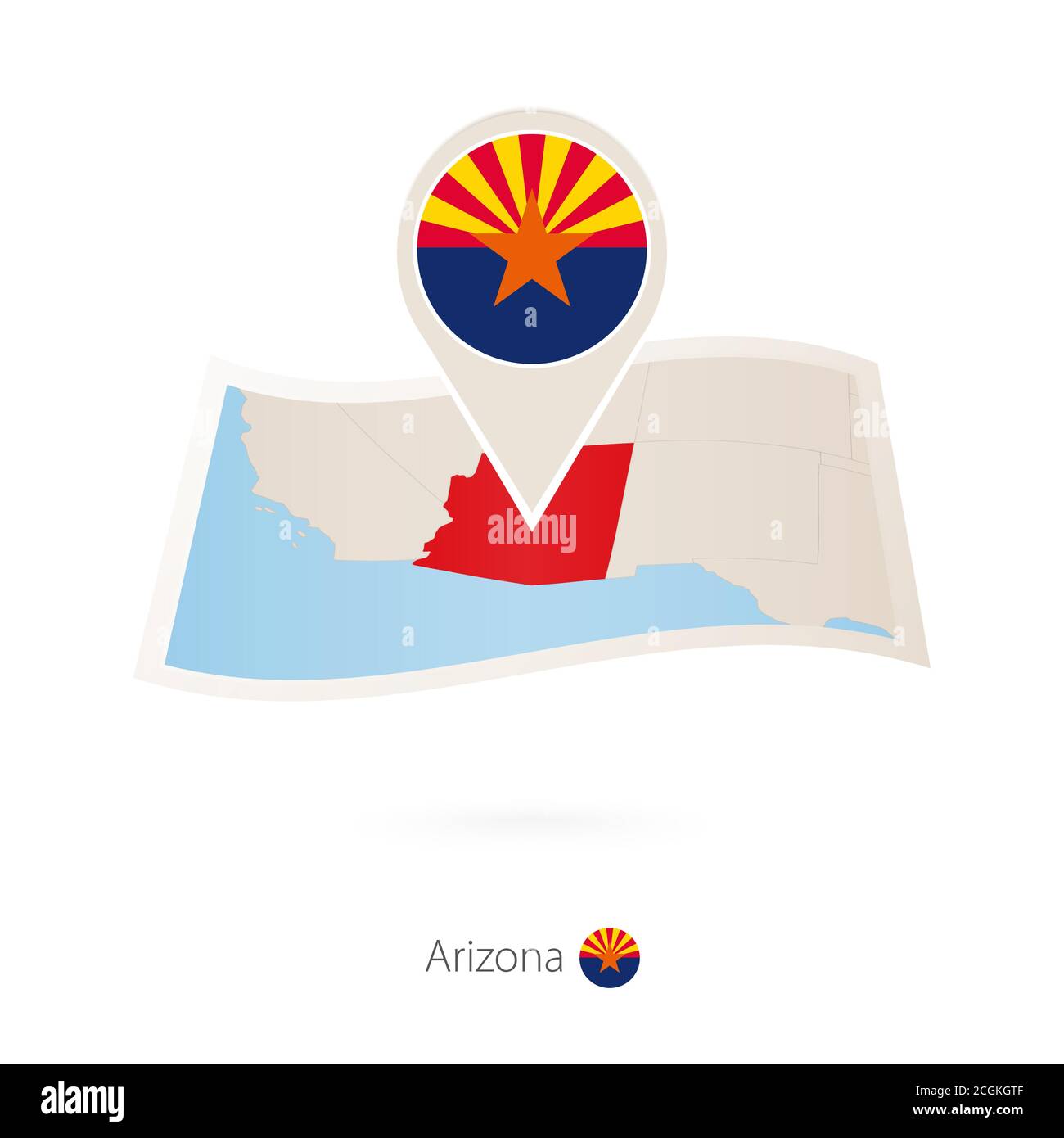 Folded paper map of Arizona U.S. State with flag pin of Arizona. Vector ...