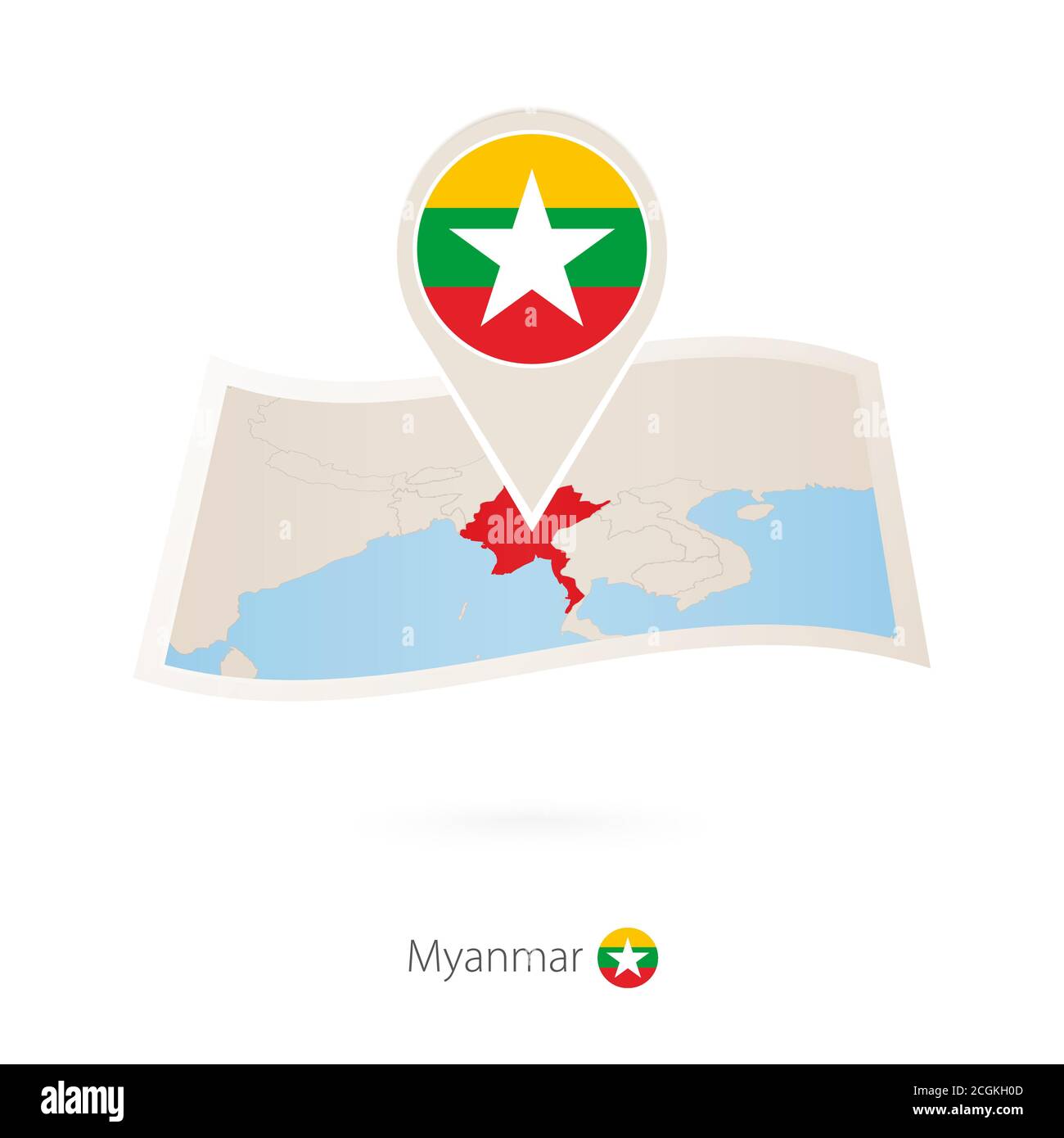 Folded paper map of Myanmar with flag pin of Myanmar. Vector ...