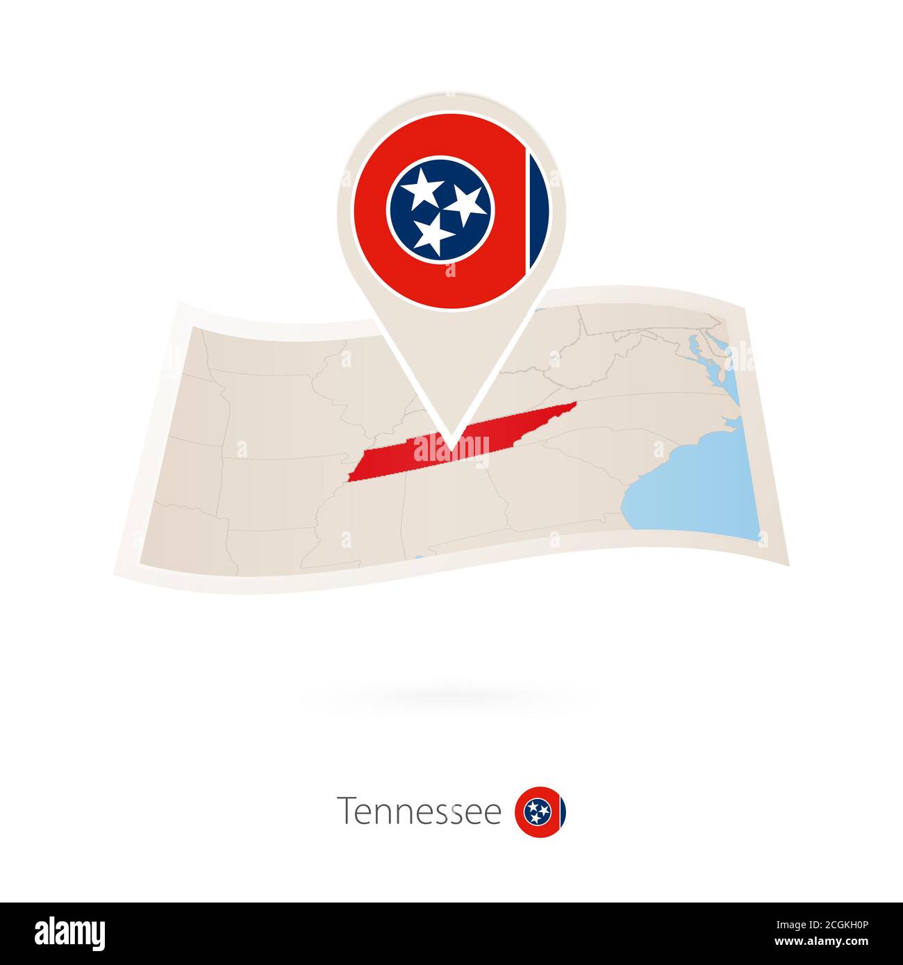 Folded paper map of Tennessee U.S. State with flag pin of Tennessee ...
