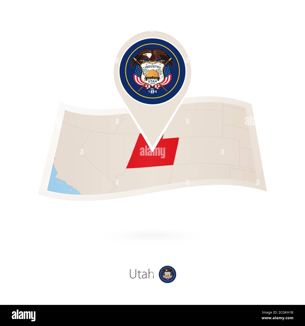 Folded paper map of Utah U.S. State with flag pin of Utah. Vector ...